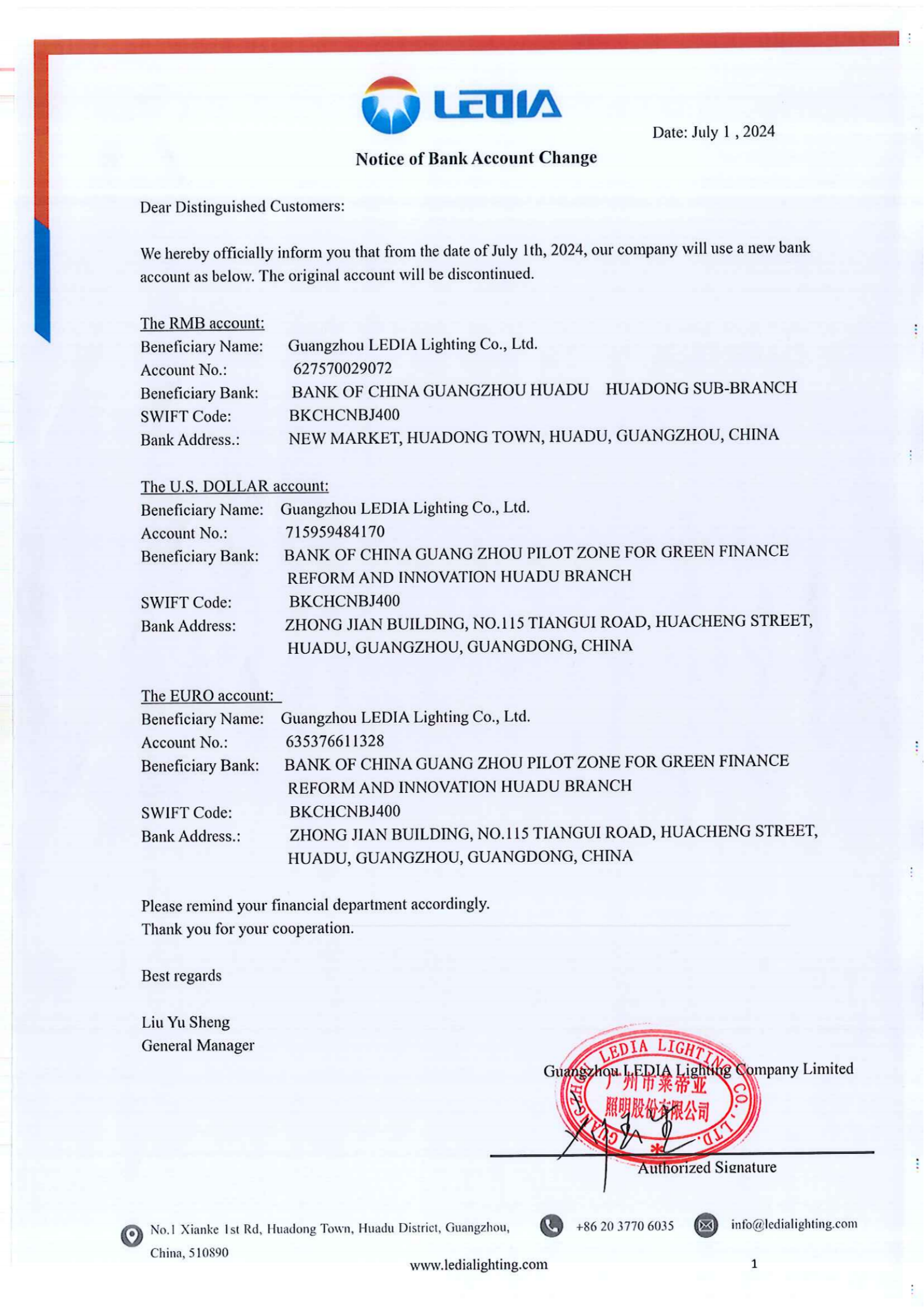 Notice of bank account change - Ledia Lighting